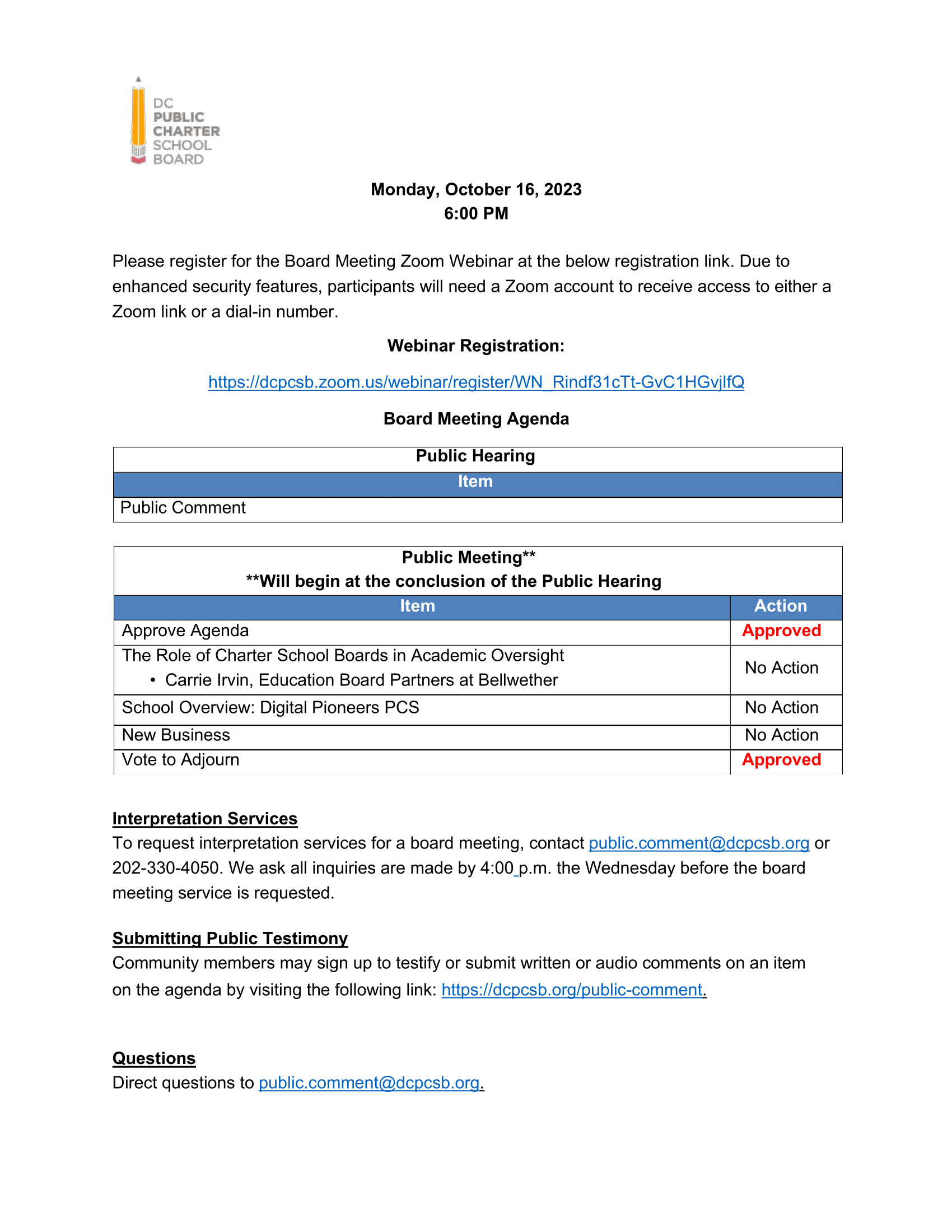 Board Meeting October 2023 Dc Pcsb